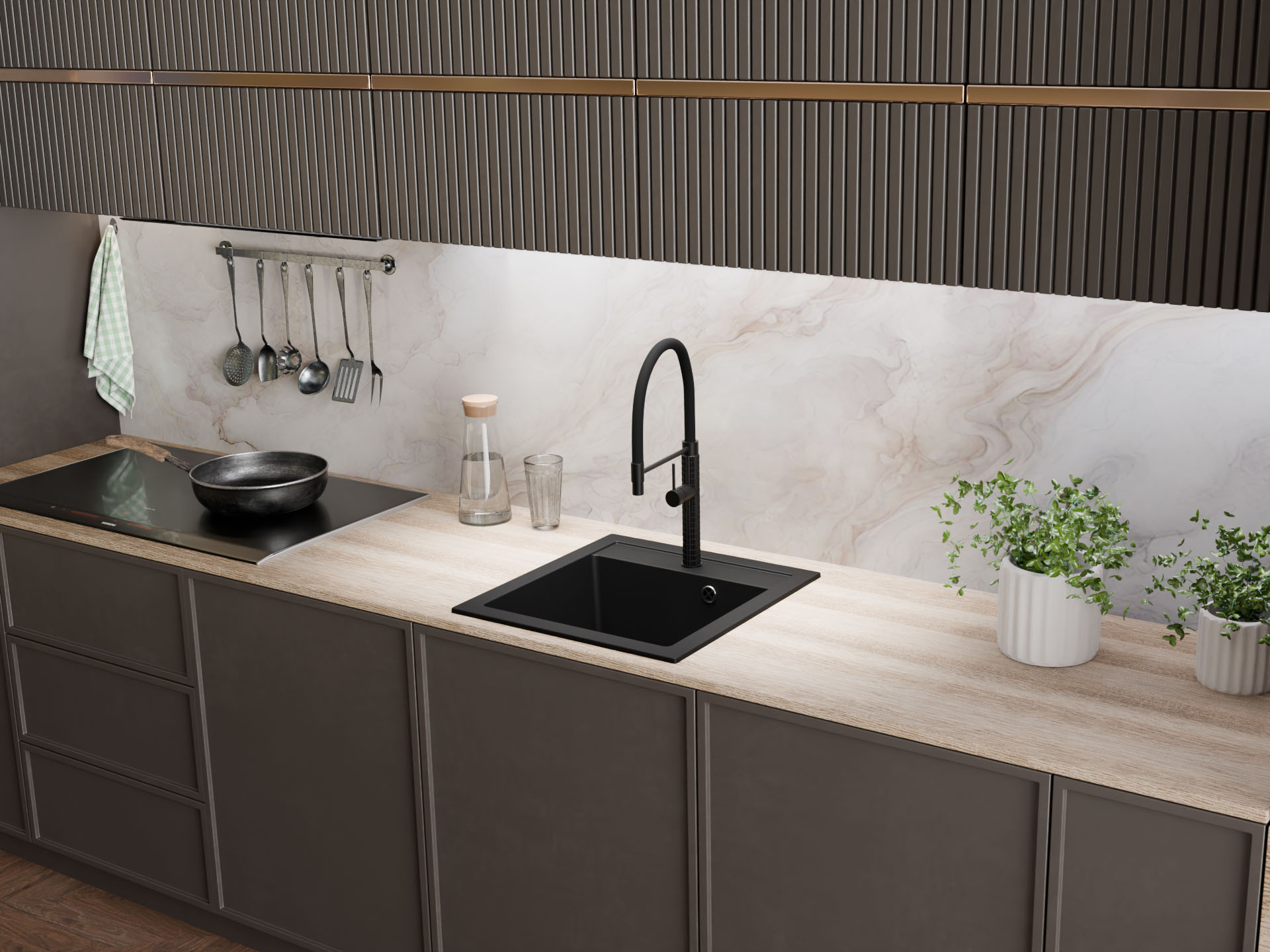 Zlewozmywak Granitowy Jednokomorowy BIG DON - Czarny - Czarny Syfon